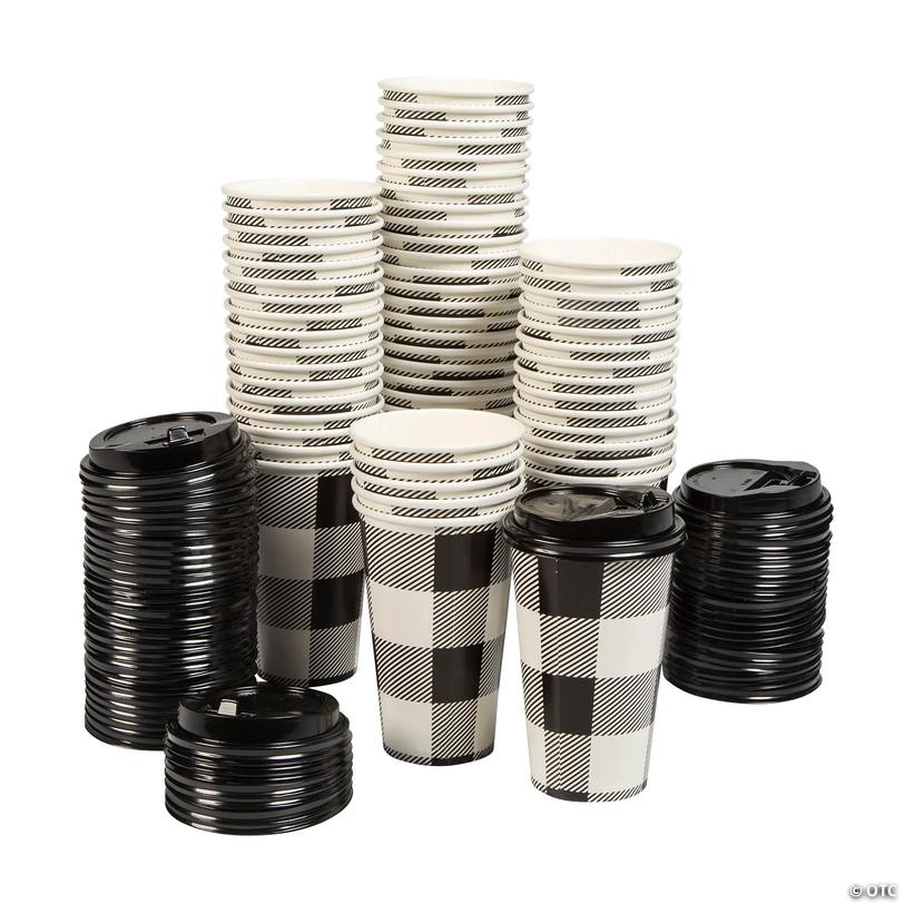 Bulk 60 Ct. Black Buffalo Plaid Disposable Paper Coffee Cups with Lids ...